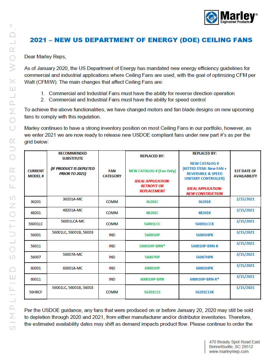 Berko MEP - U.S. DOE Ceiling Fans 2021 Updates - Marley Engineered Products